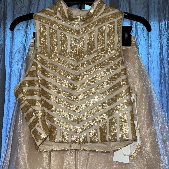 social code | Dresses | Gold Sequin And Stiff Mesh Two Piece Formal ...